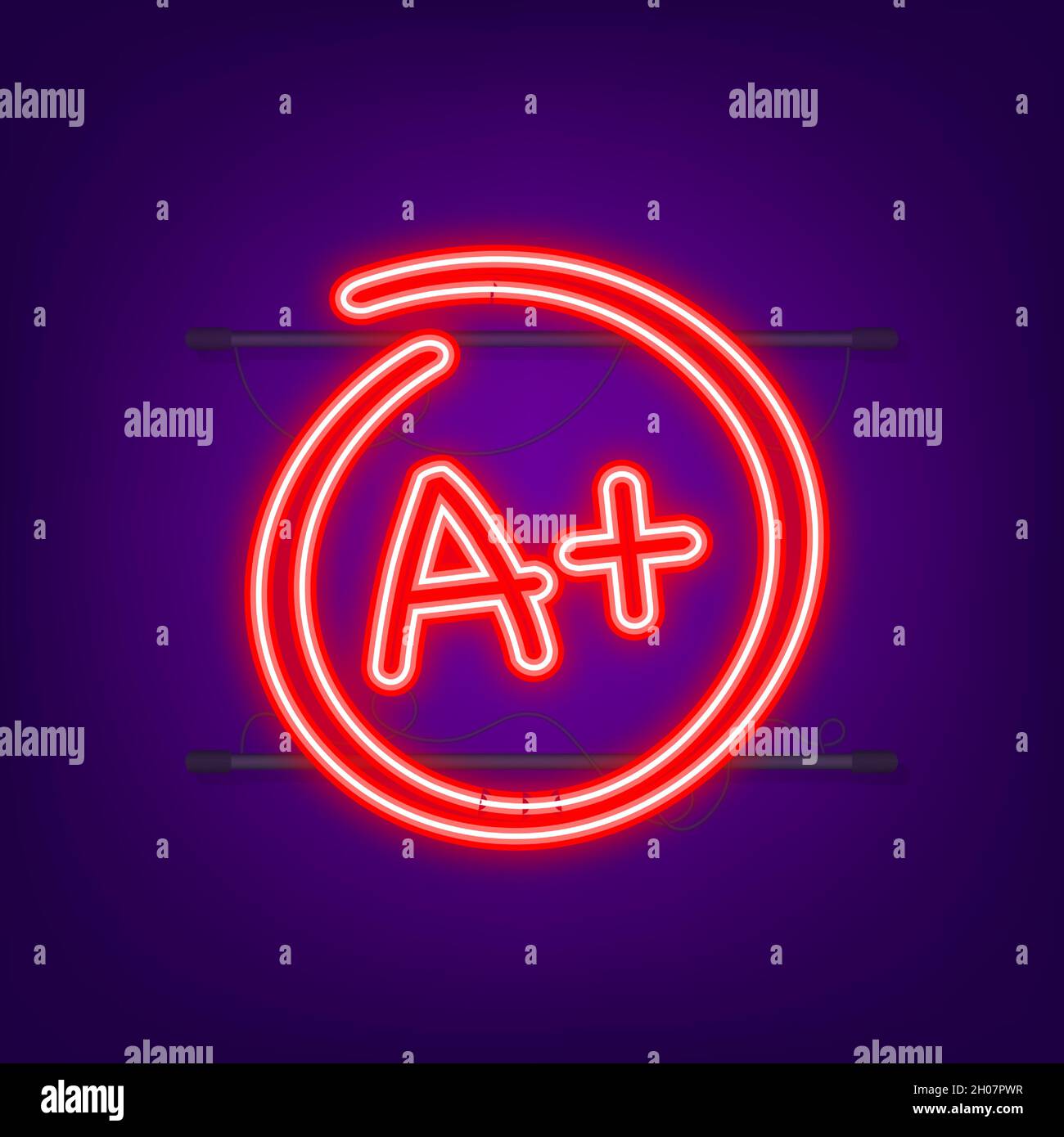Grade result A plus. Hand drawn vector grade in red circle. Neon style ...