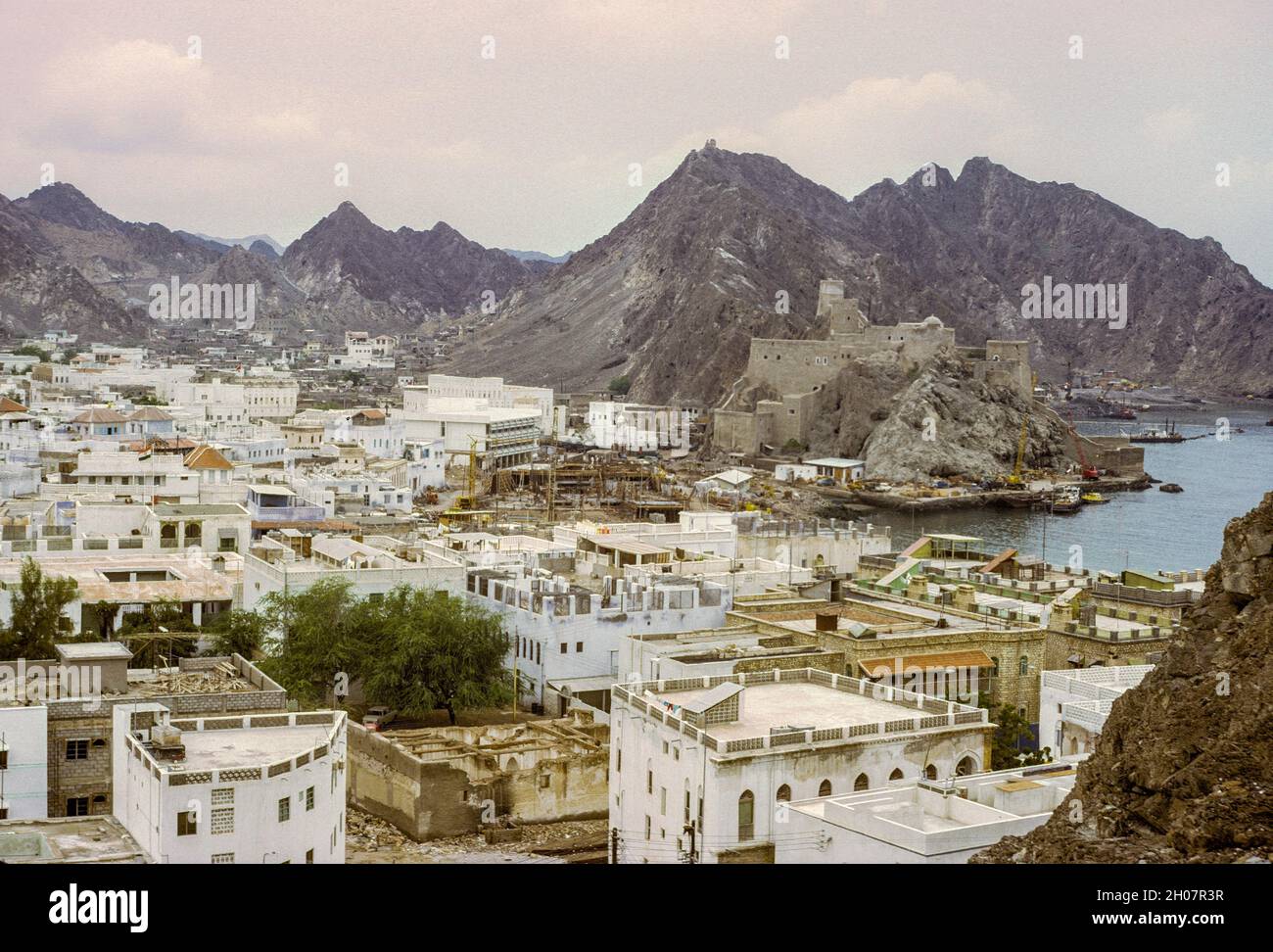 Oman, March 1972. View of Muscat. The sultan's palace, Al-Alam, is ...