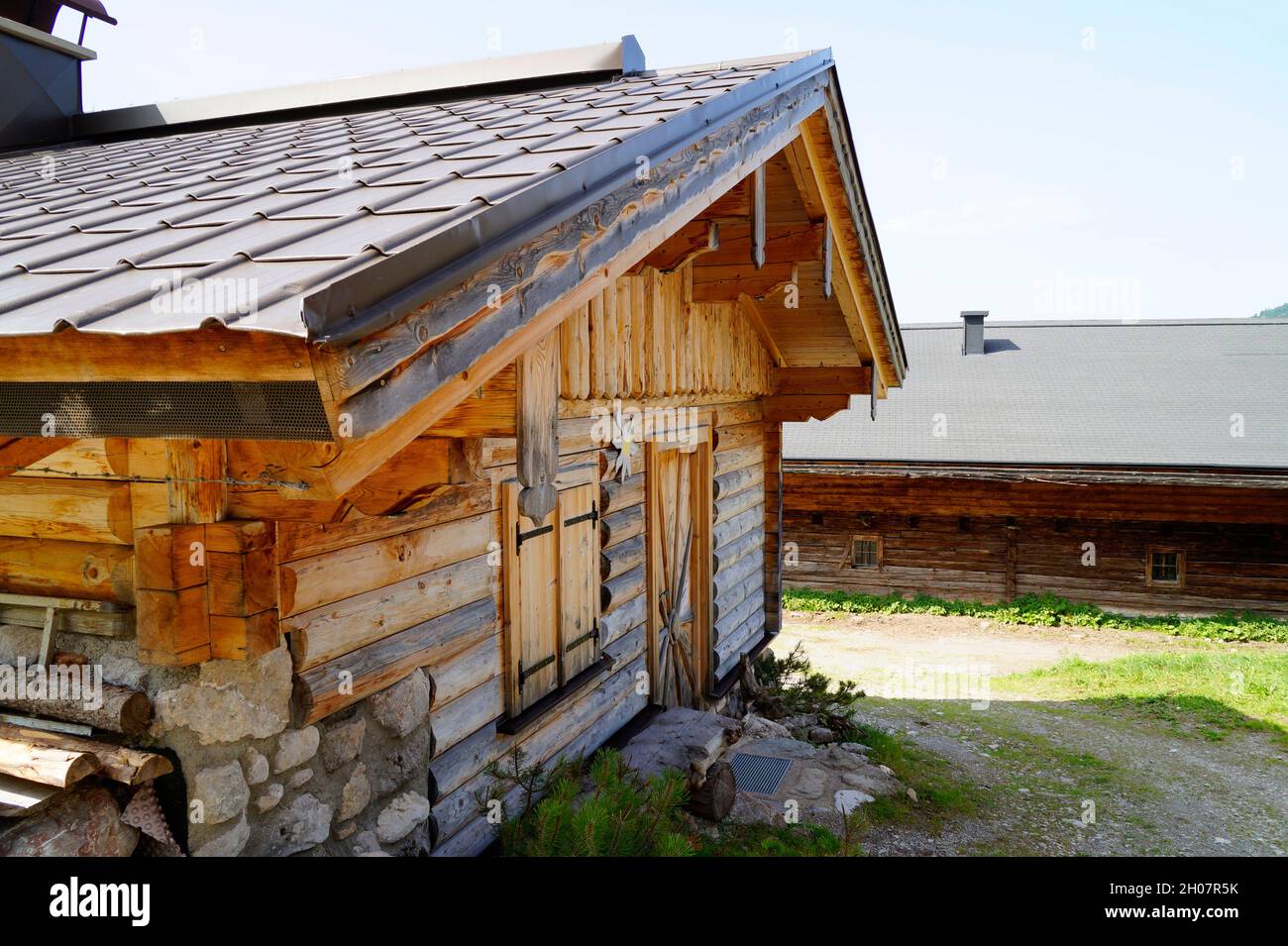 a rustic wooden cabin in Neustatt Alm in the Austrian Alps of the ...