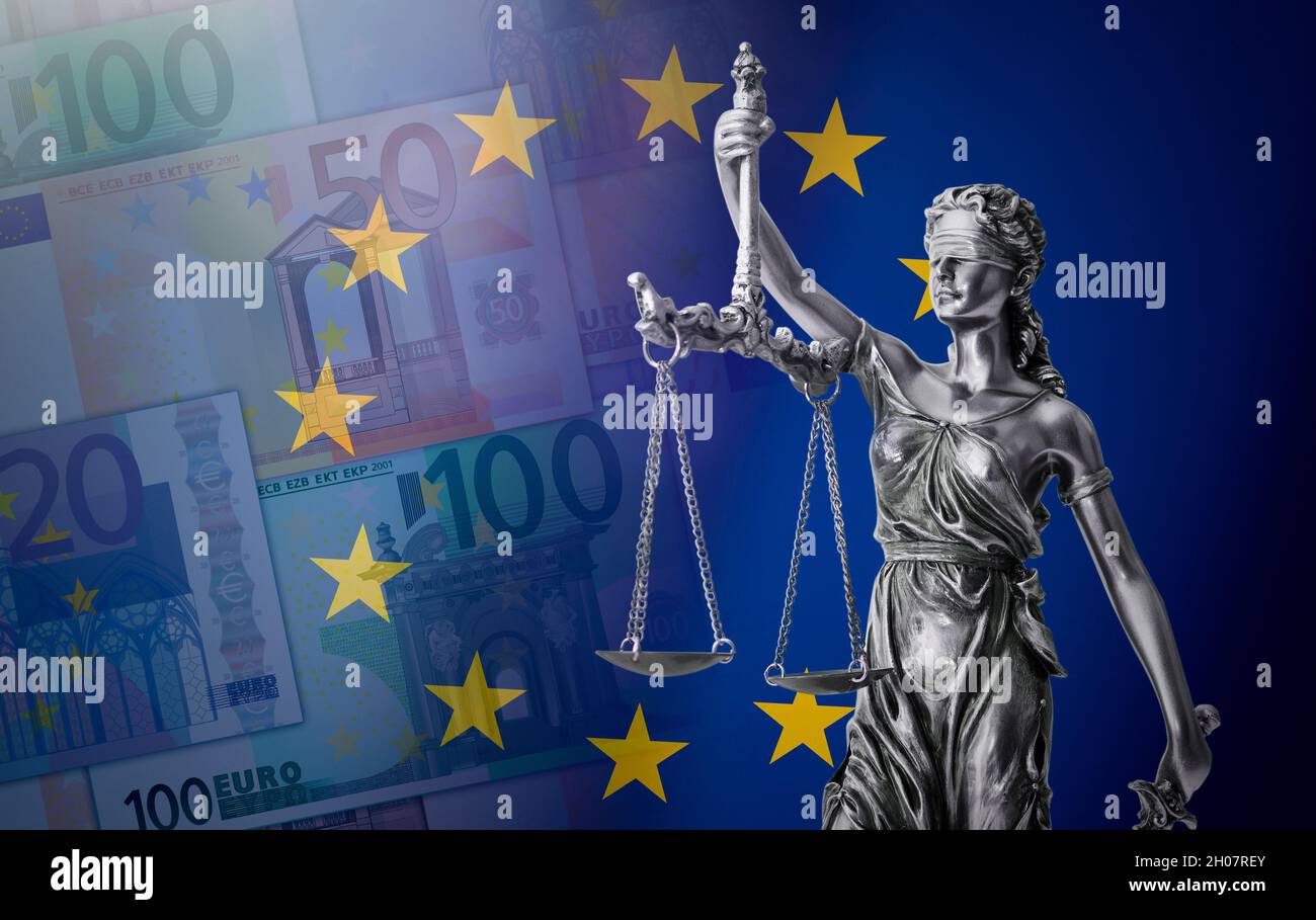 Law concept with lady justice. Composition with European Union flag and ...