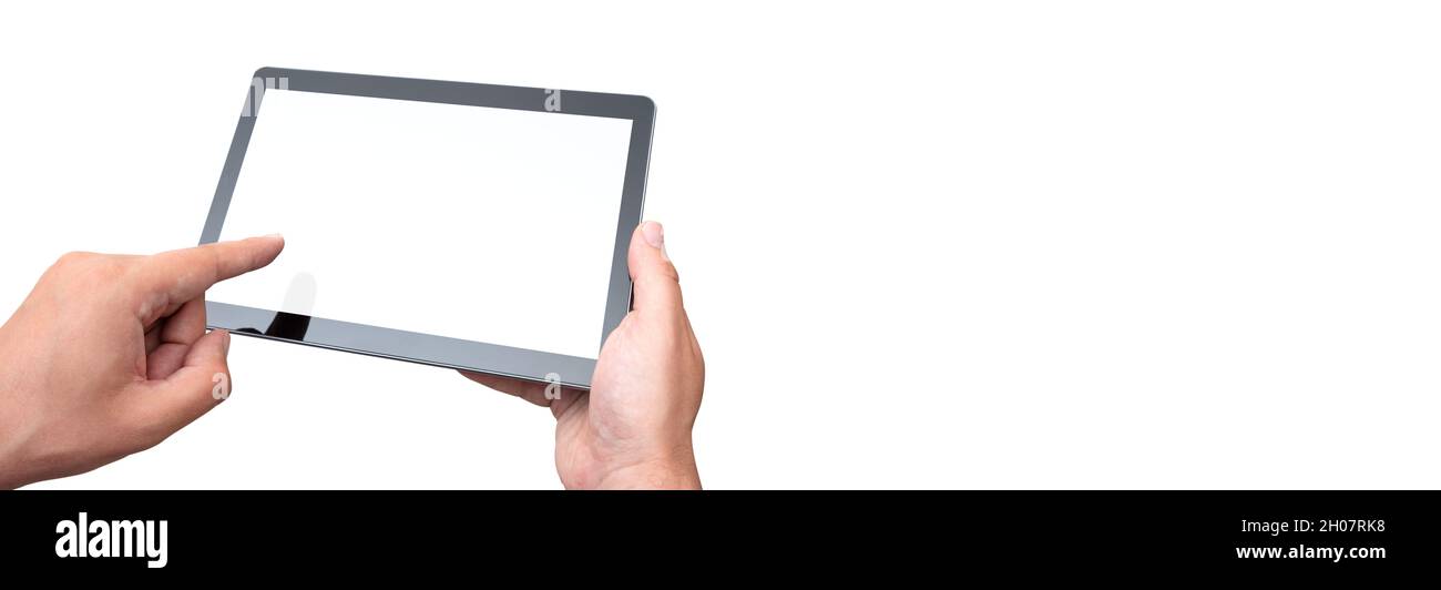 Hand holding digital tablet, placeholder for app, blank screen mockup ...