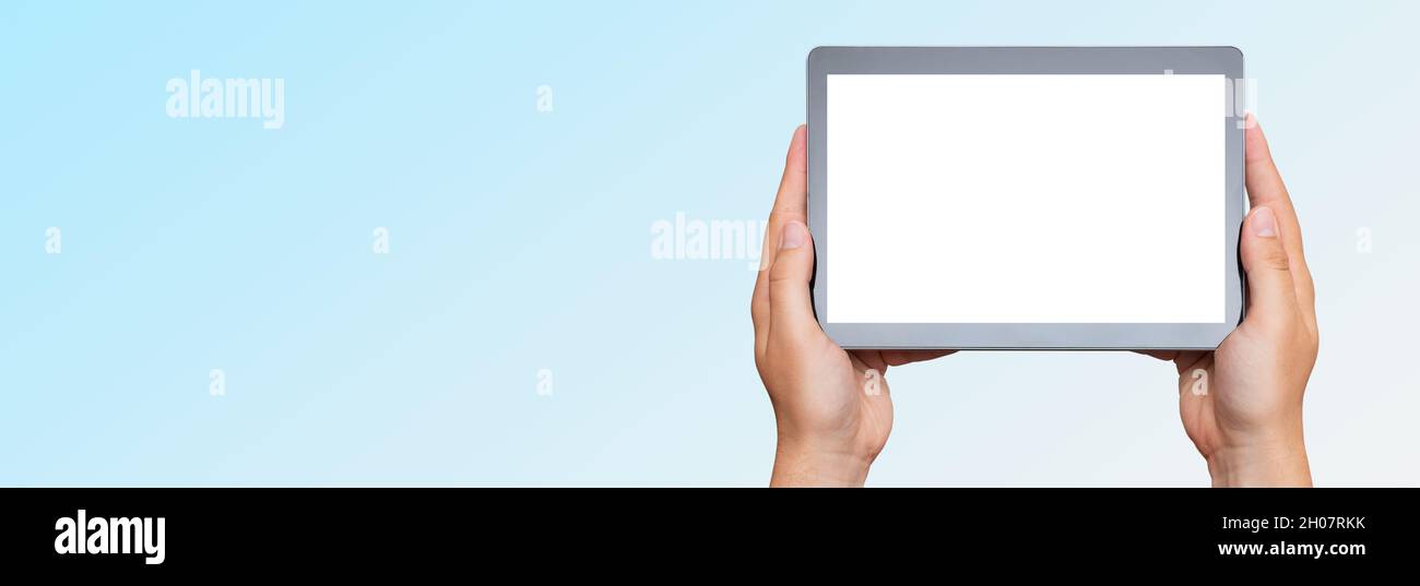 Hand holding digital tablet, placeholder for app, blank screen mockup ...