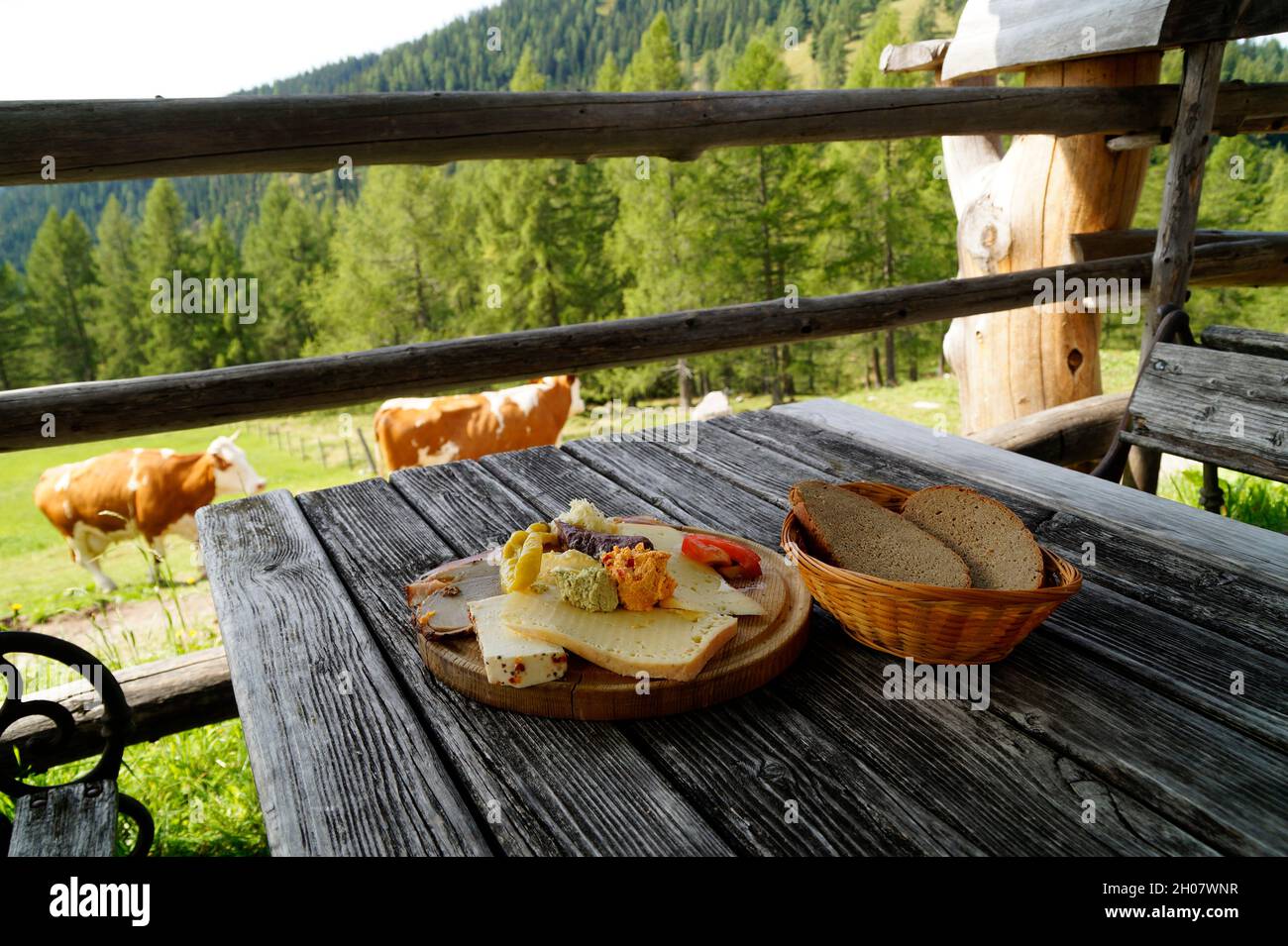a delicious rustic meal of cheeses and cold cuts in the Austrian Alps ...