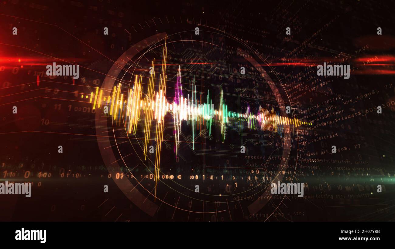 Audio spectrum voice neon sign concept, radio sound wave and disco ...