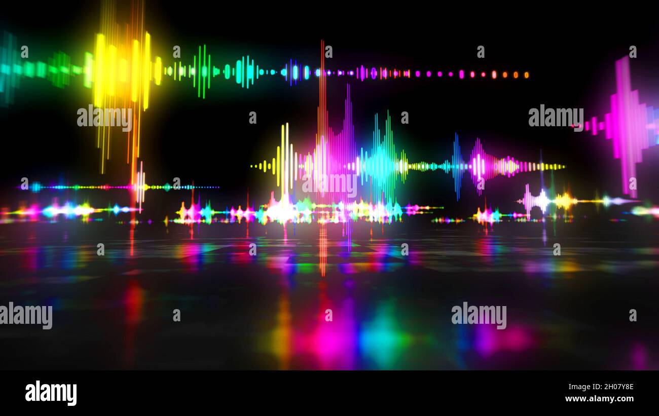 Audio spectrum voice neon sign concept, radio sound wave and disco ...