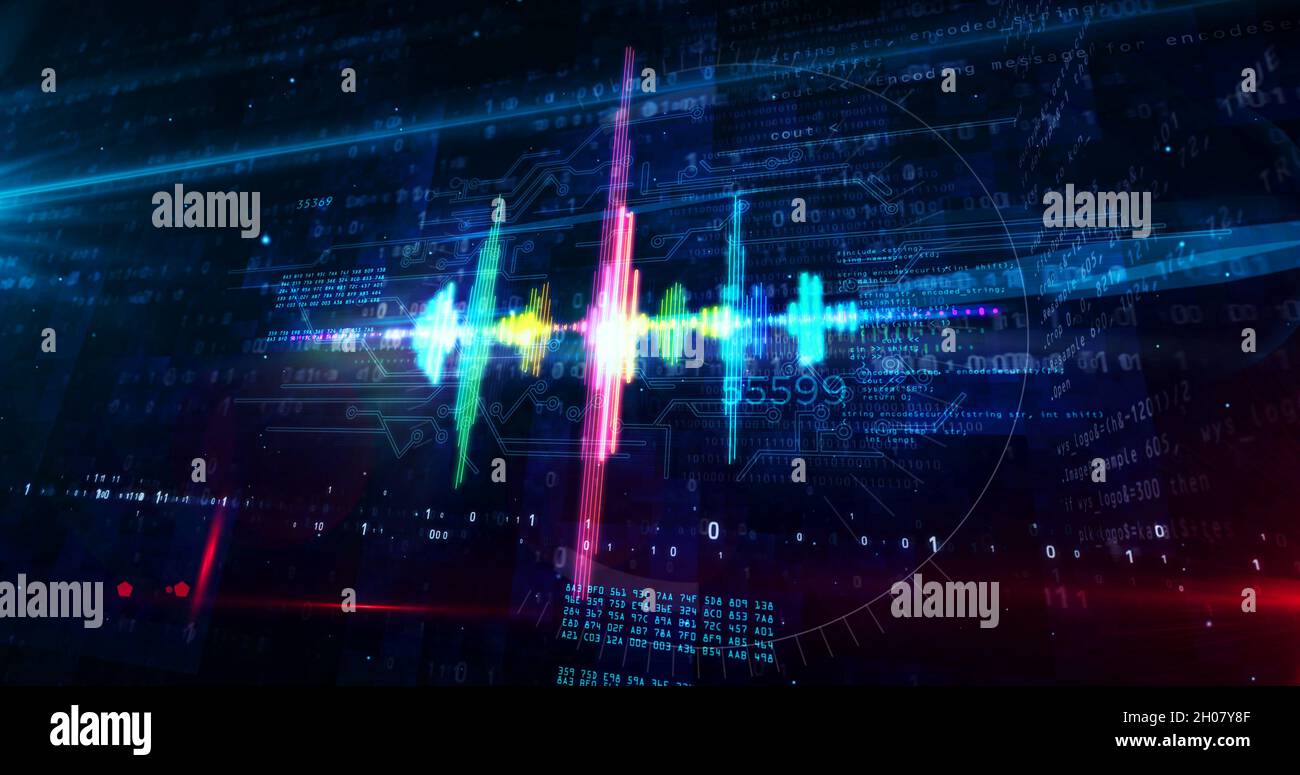Audio spectrum voice neon sign concept, radio sound wave and disco ...