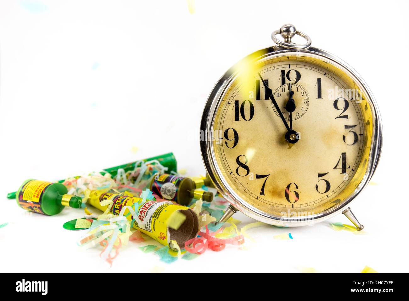 Vintage Alarm Clock with Party Confettii Stock Photo - Alamy