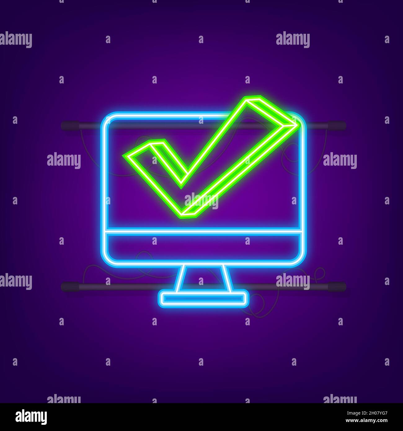 Laptop with checkmark or tick notificatione. Neon icon. Approved choice ...