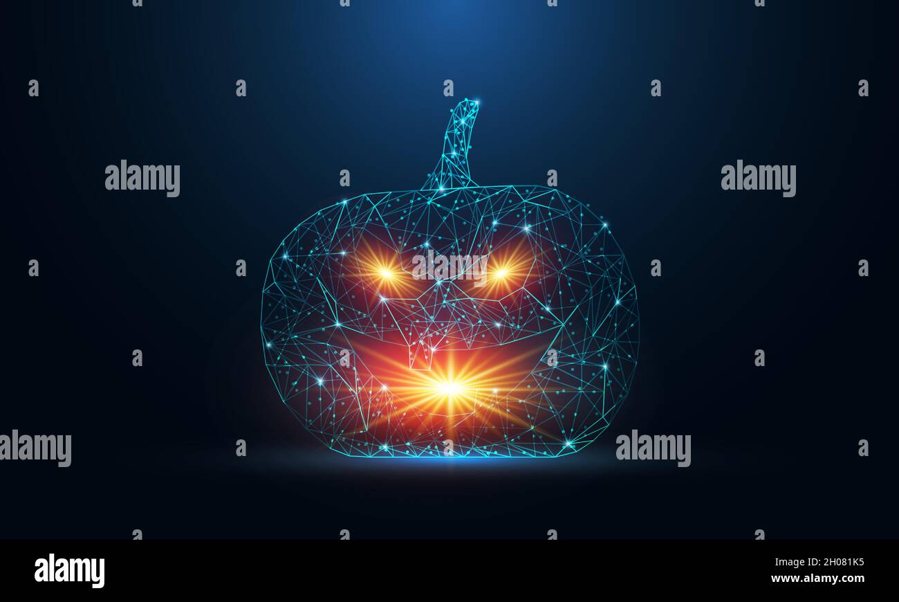 Halloween Pumpkin with scary face isolated on dark blue background. Low ...