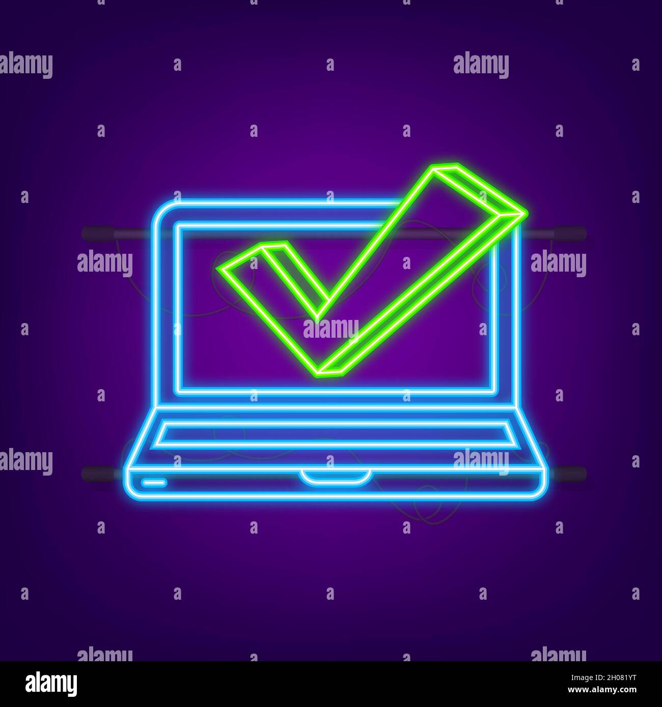 Computer with checkmark. Neon icon. Approved choice. Accept or approve ... Computer with checkmark. Neon icon. Approved choice. Accept or approve ...