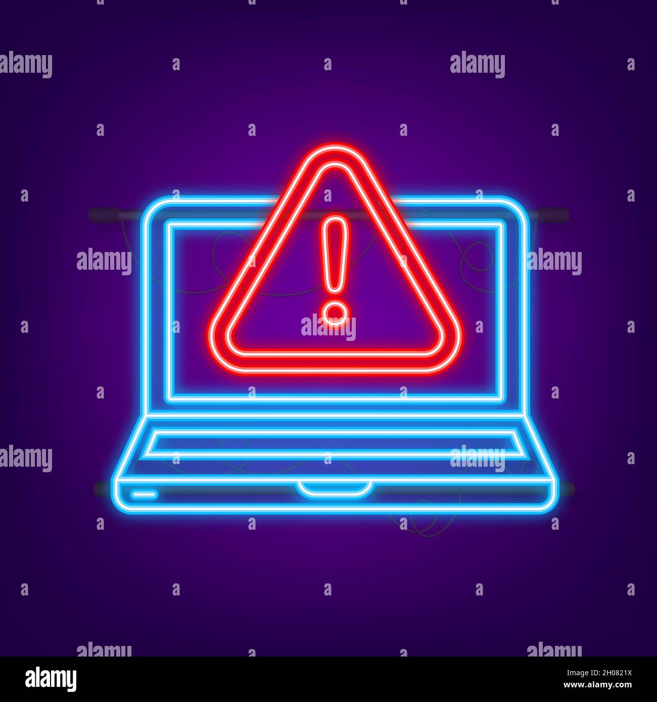 Alert message laptop notification. Neon icon. Danger error alerts, laptop virus problem or ...