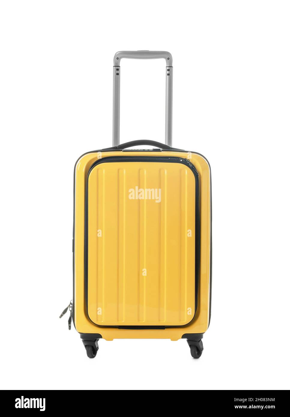 Bright yellow suitcase packed for journey on white background Stock ...