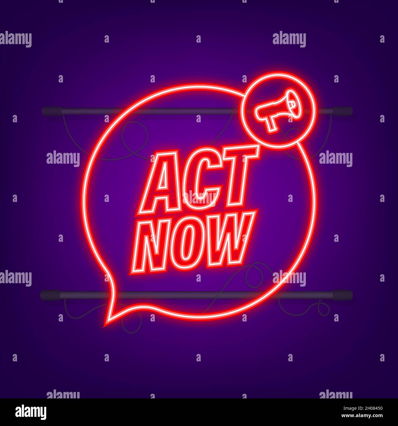 Megaphone label with act now. Neon icon. Megaphone banner. Web design ...