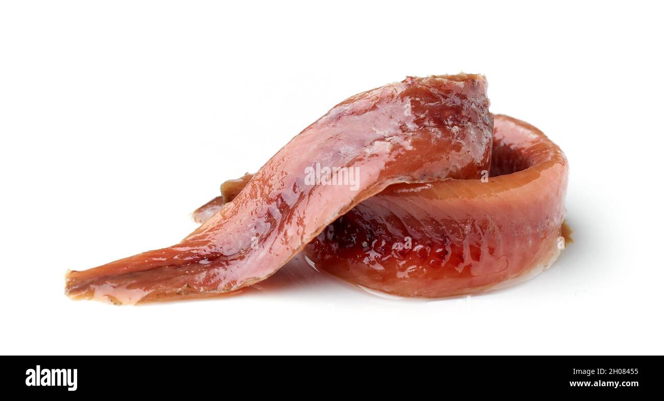 canned anchovy fillets macro isolated on white background Stock Photo ...