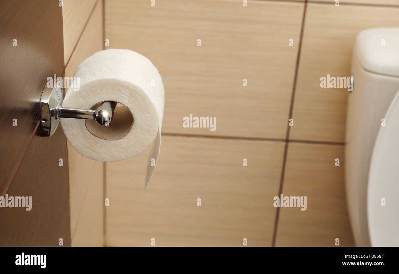 Holder With Soft Toilet Paper Roll In Bathroom Space For Text Stock
