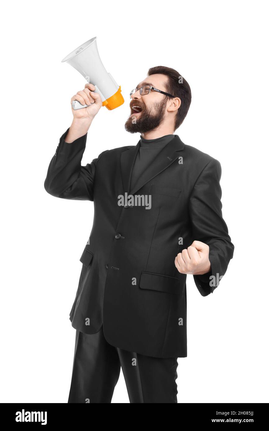 Young businessman shouting into megaphone on white background Stock ...