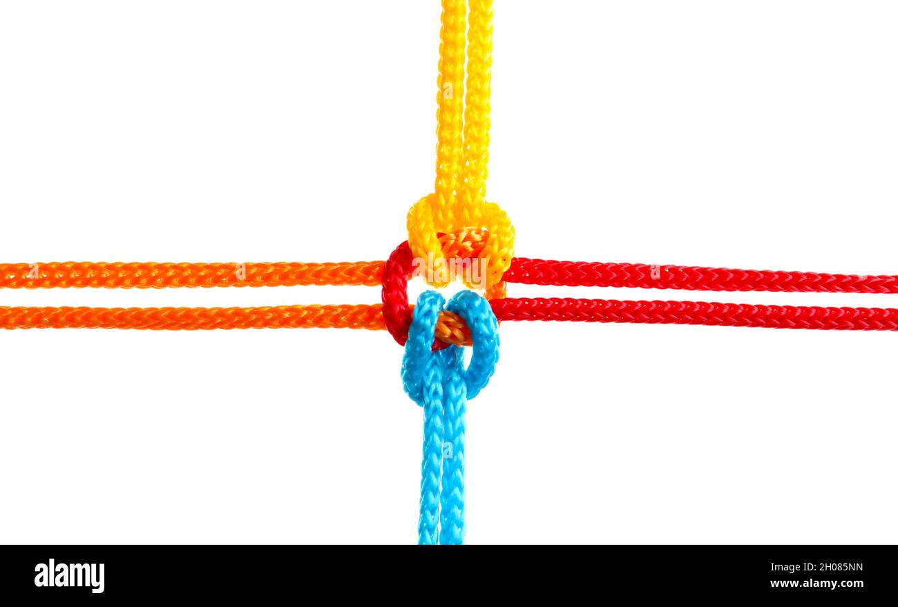 Colorful ropes tied together on white background. Unity concept Stock ...