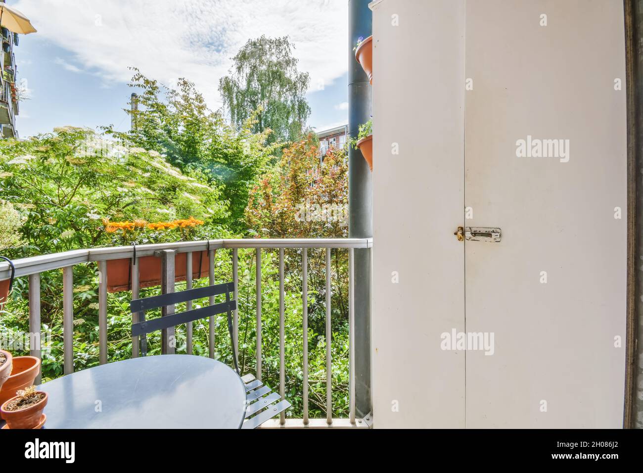 Beautiful house balcony with a view of a blooming park Stock Photo - Alamy