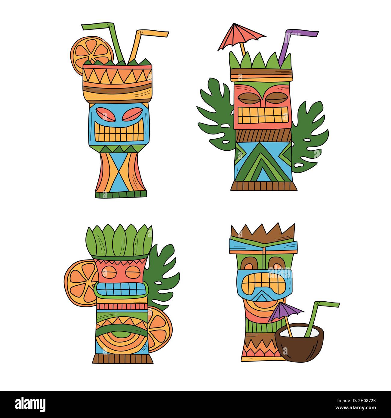 Vector tiki cocktails in hand drawn style - illustration set isolated ...