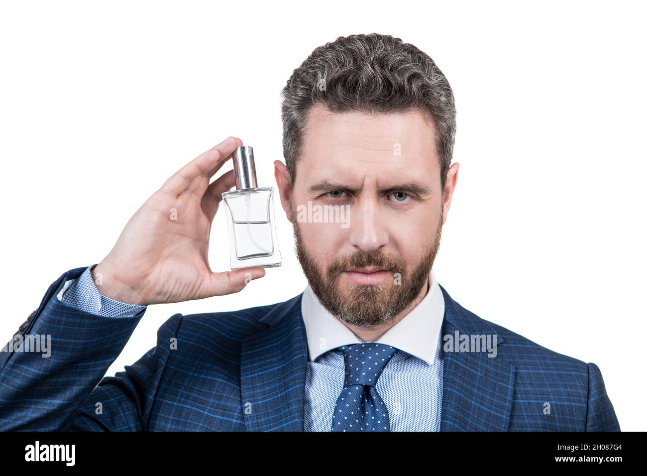 businessman man in suit presenting cosmetic product of mens perfume ...