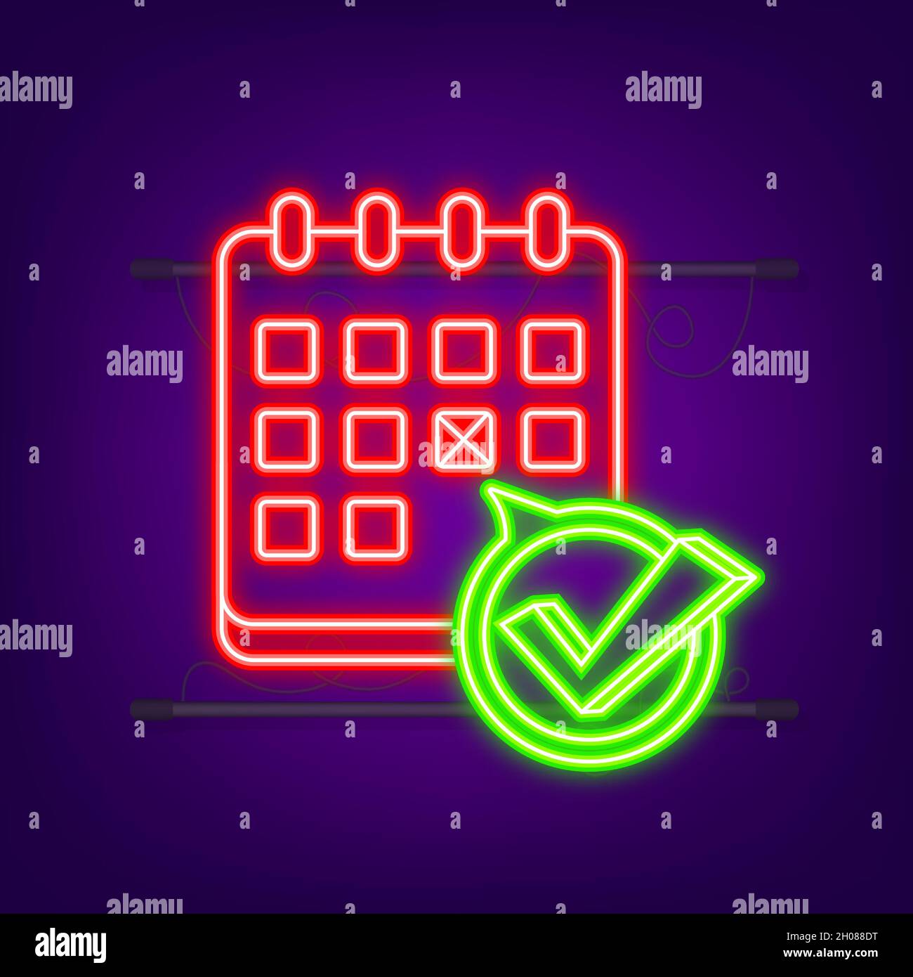 Calendar with checkmark or tick. Neon icon. Approved or schedule date ...