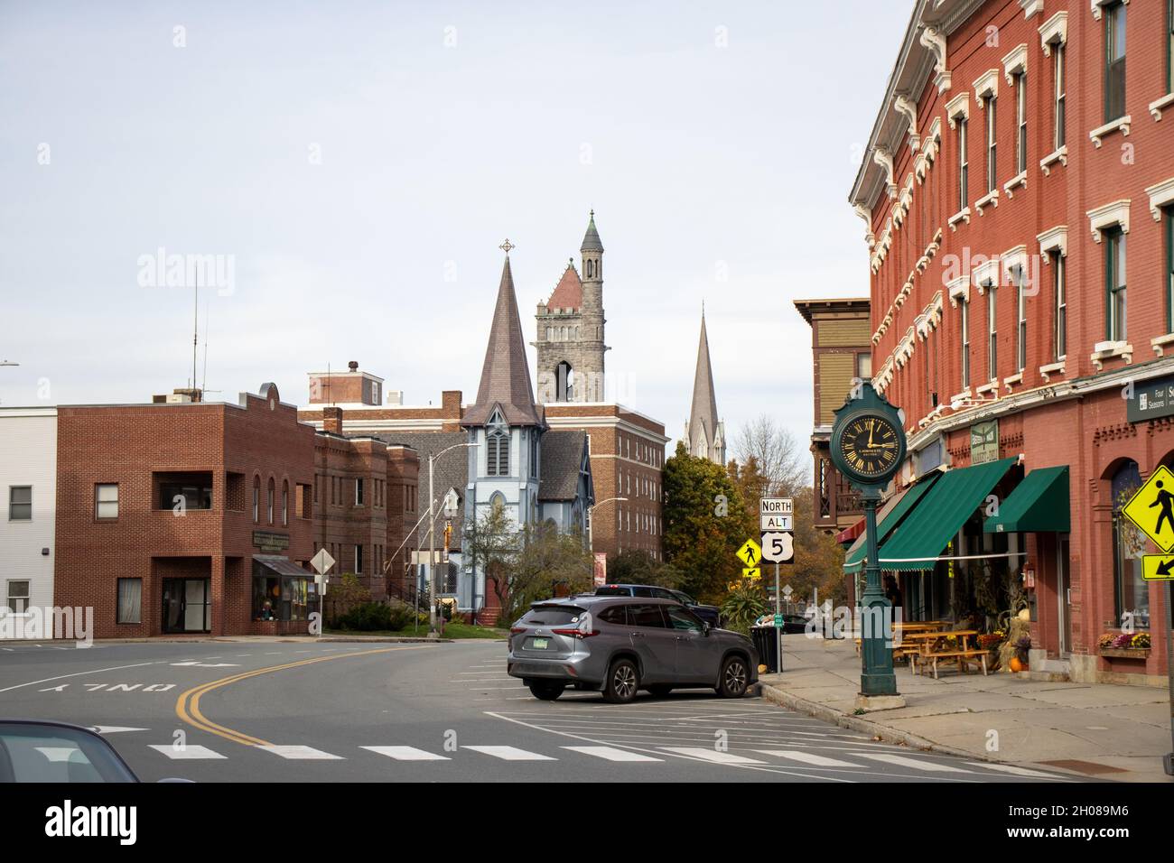 Downtown main street of st johnsbury, vt during the evening time ...