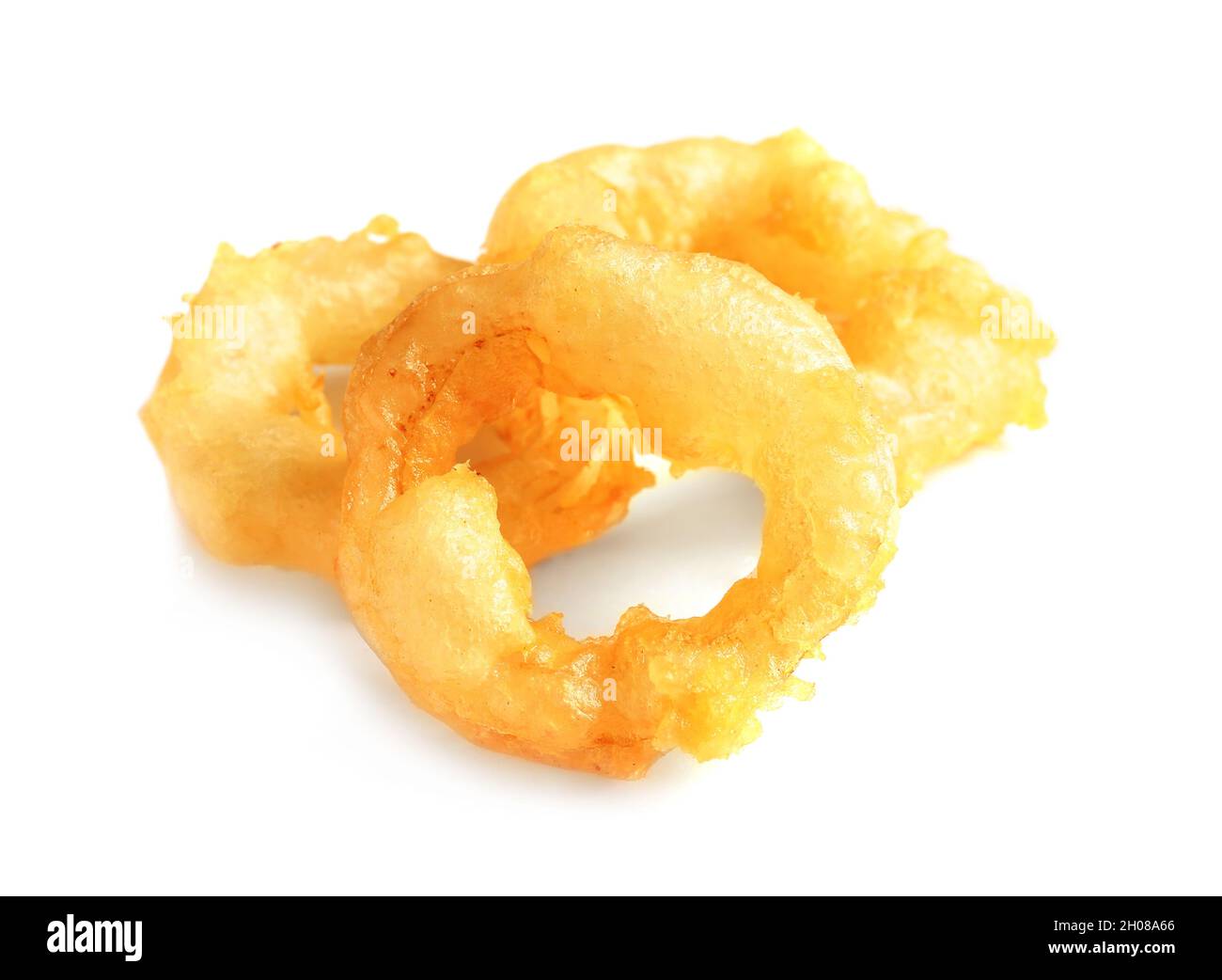 Delicious golden breaded and deep fried crispy onion rings on white ...
