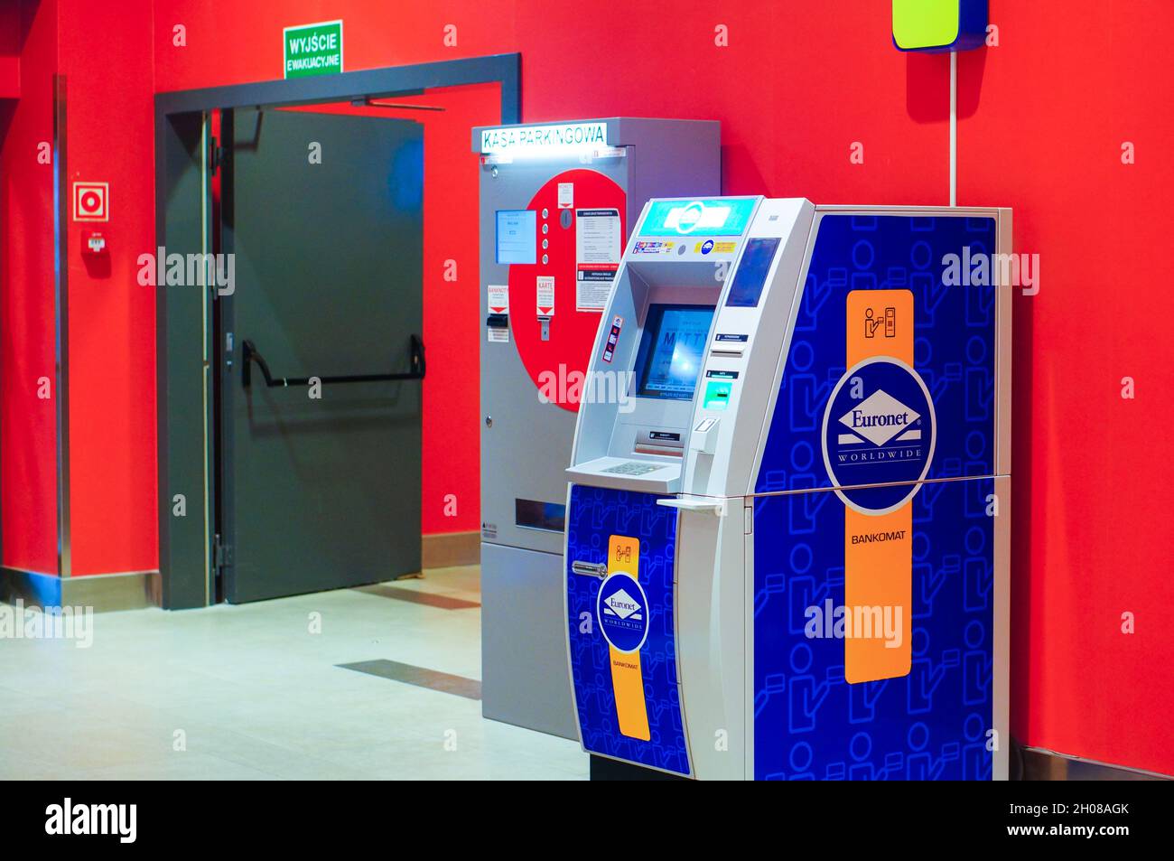 POZNAN, POLAND - Apr 12, 2016: An ATM machine and parking ticket ...