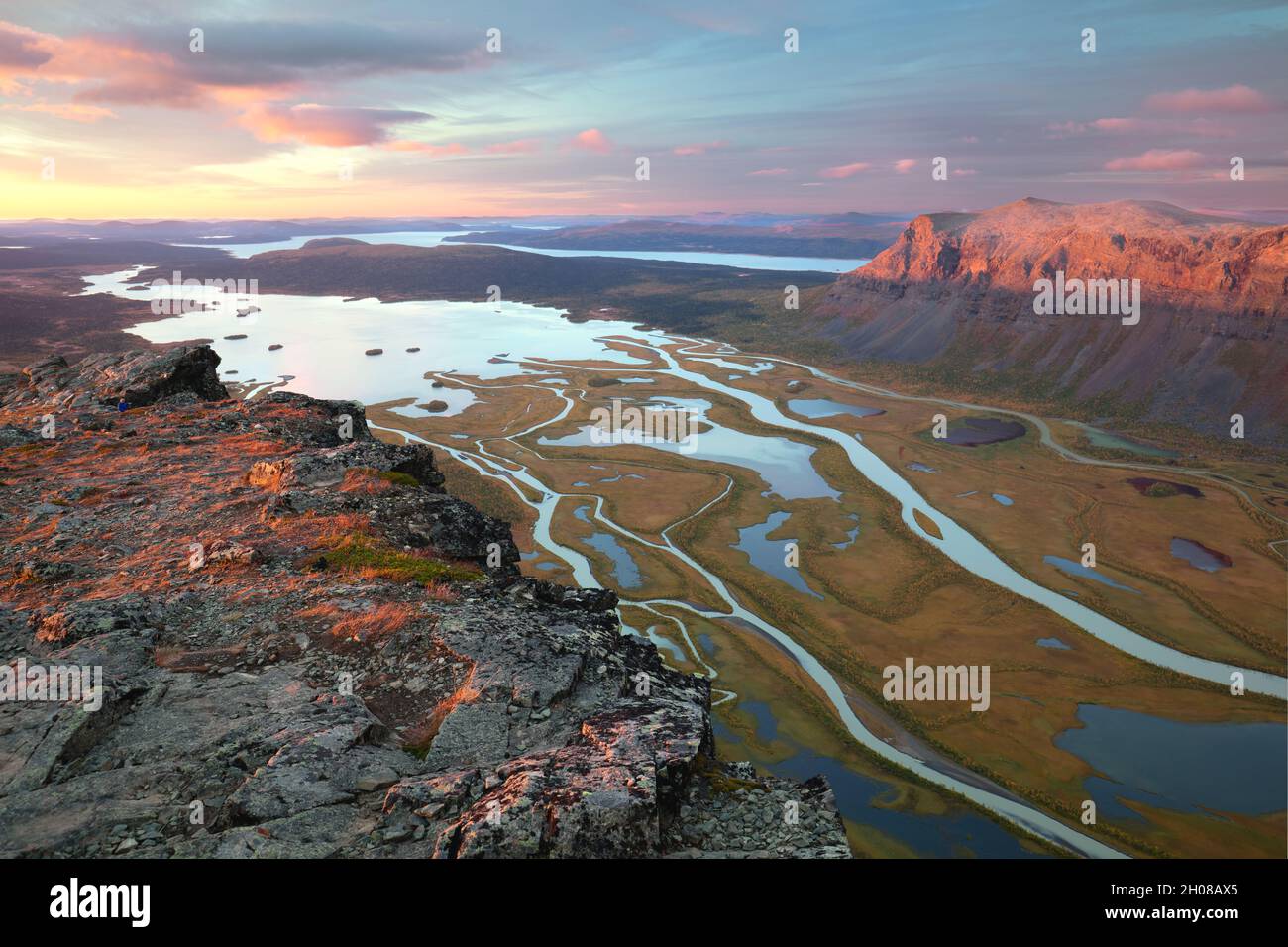 View from the top of Skierfe in Sarek right after sunrise in the ...