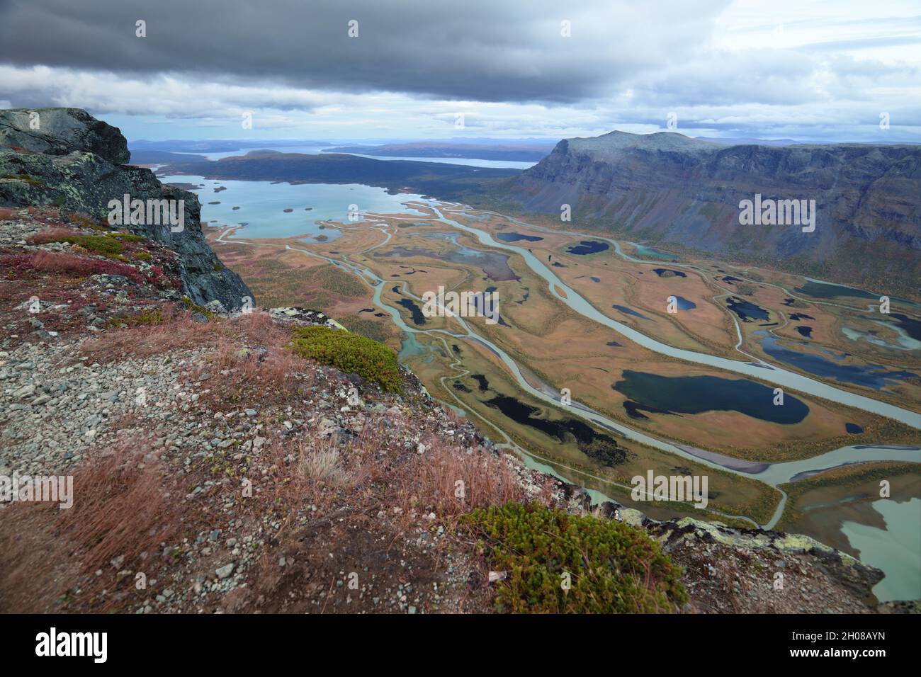 View from the top of Skierfe in Sarek after sunset in the evening, in ...