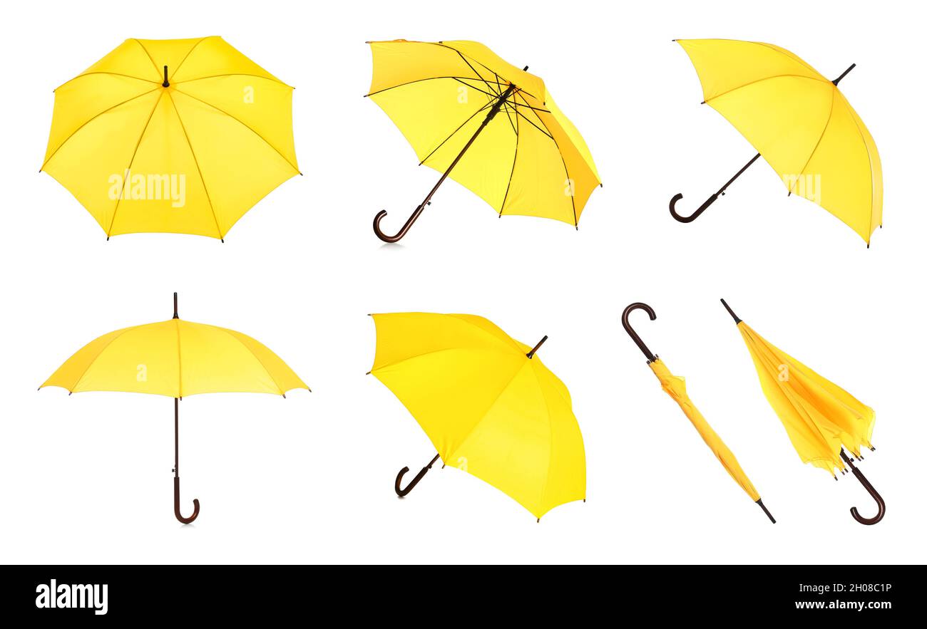 Set with elegant yellow umbrella from different views on white ...