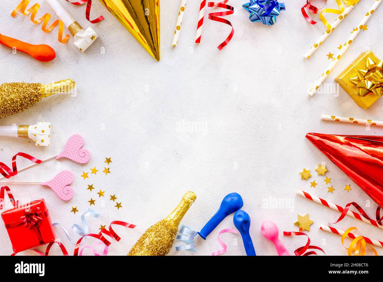 Colorful celebration background with party supplies and decor Stock ...