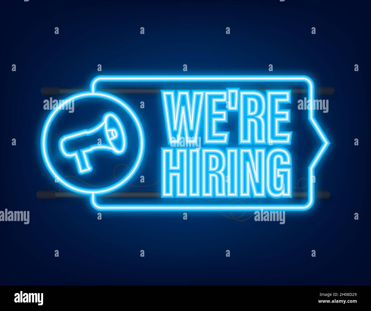 Megaphone label with we re hiring. Neon icon. Megaphone banner. Web ...