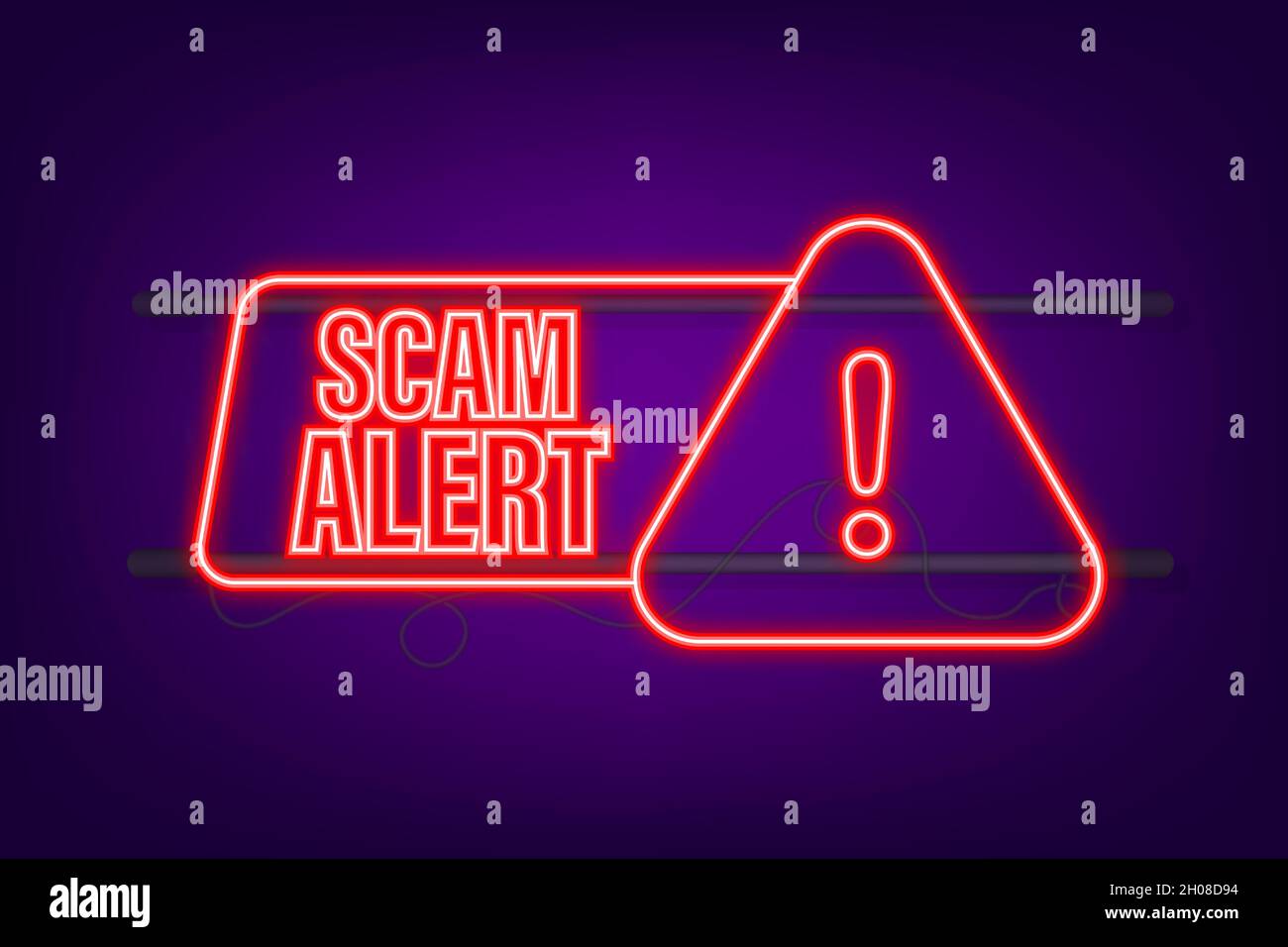Banner with red scam alert. Attention sign. Neon icon. Caution warning ...