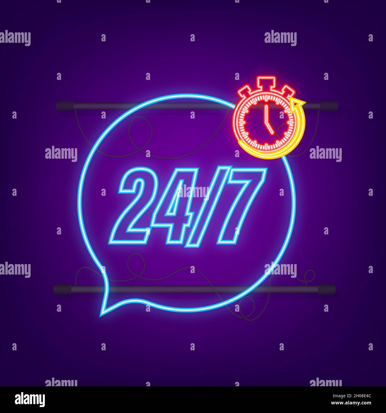 24-7 service concept. 24-7 open. Neon icon. Support service icon ...