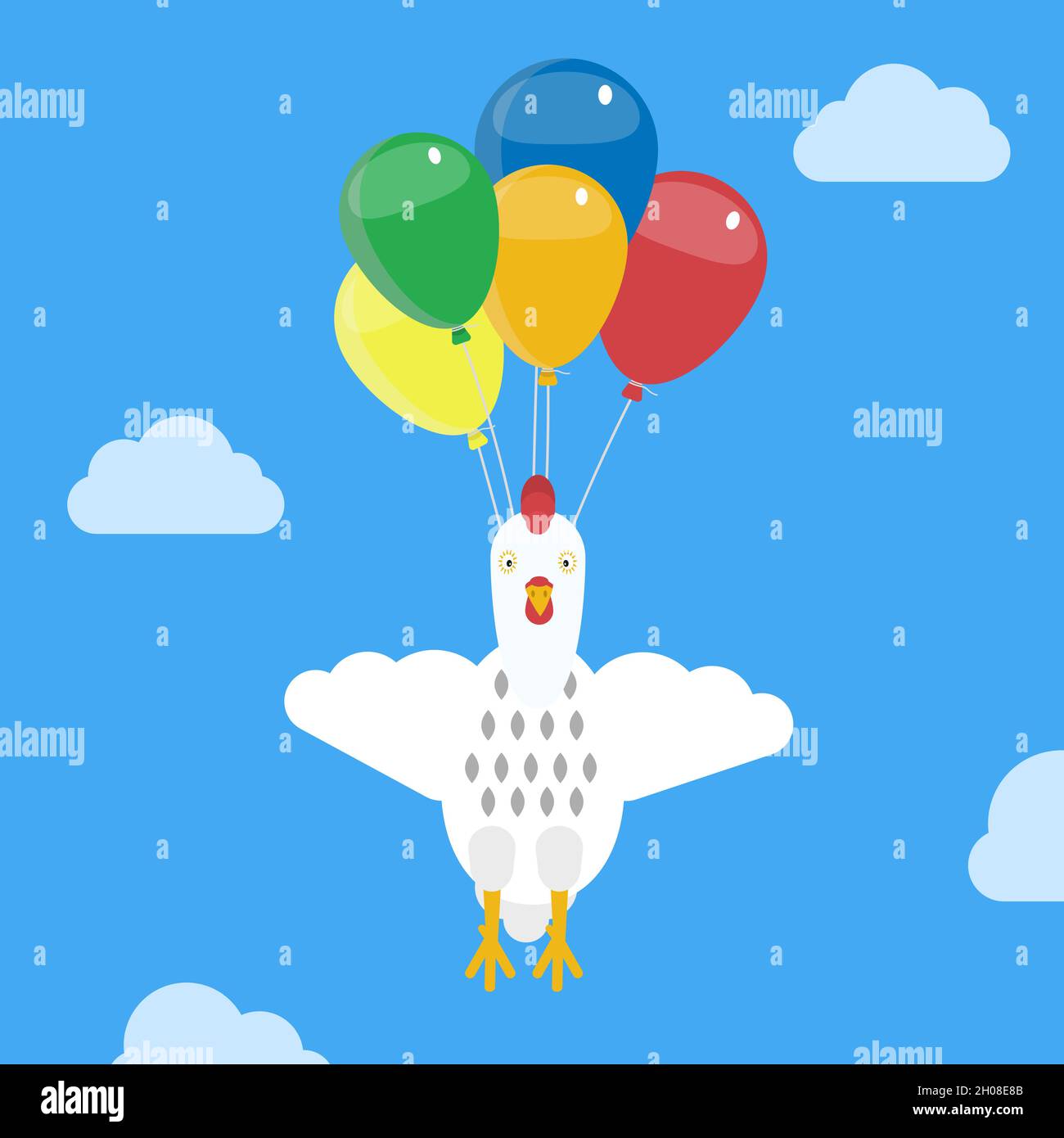 Chicken trying to fly using balloons. Comic illustration. Metaphor and ...