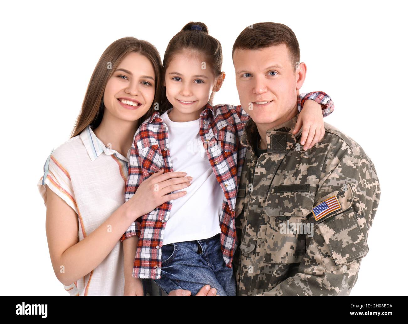 Male soldier with his family on white background. Military service ...
