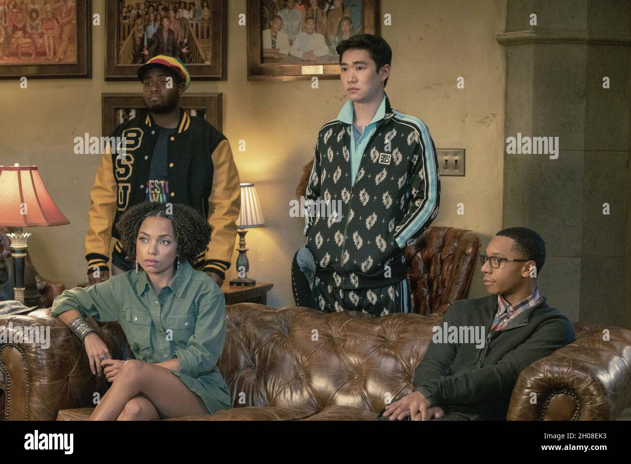 DEAR WHITE PEOPLE, Logan Browning (bottom left), Eugene Ko (2nd from right), Deron Horton (right ...