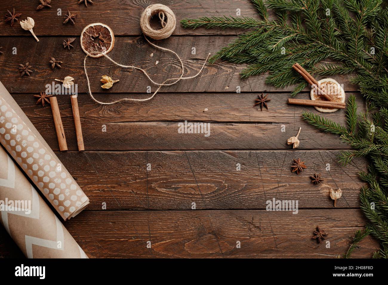 Top view background of Christmas gift wrapping supplies on rustic ...