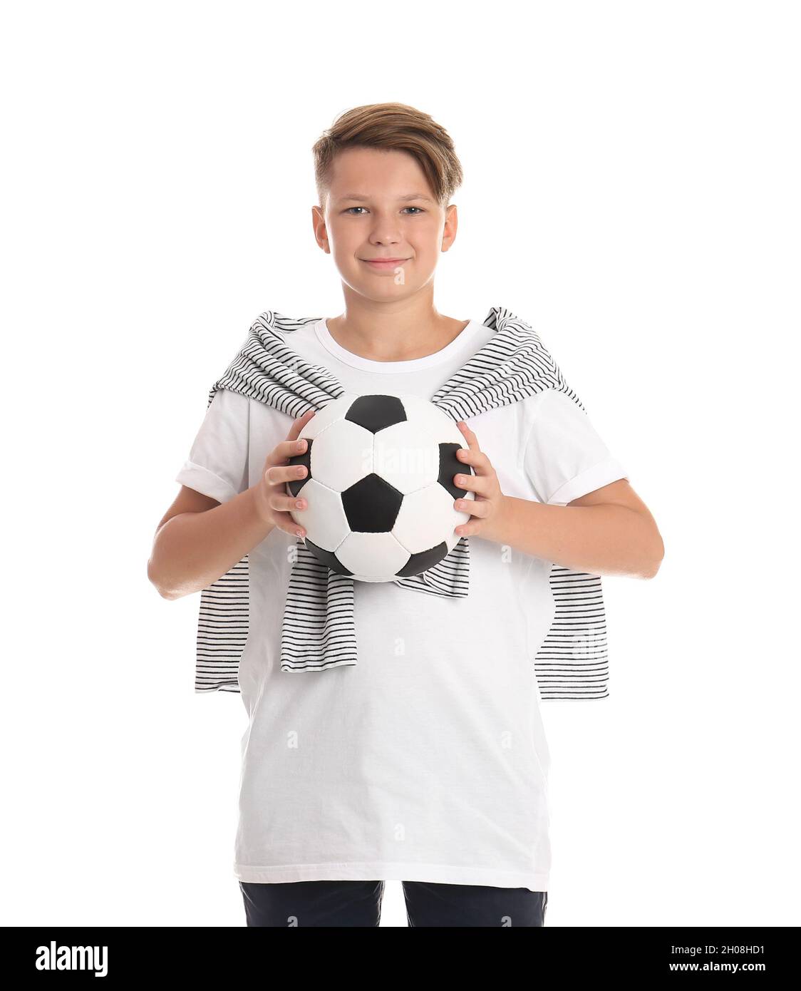 Teenage boy with soccer ball on white background Stock Photo - Alamy