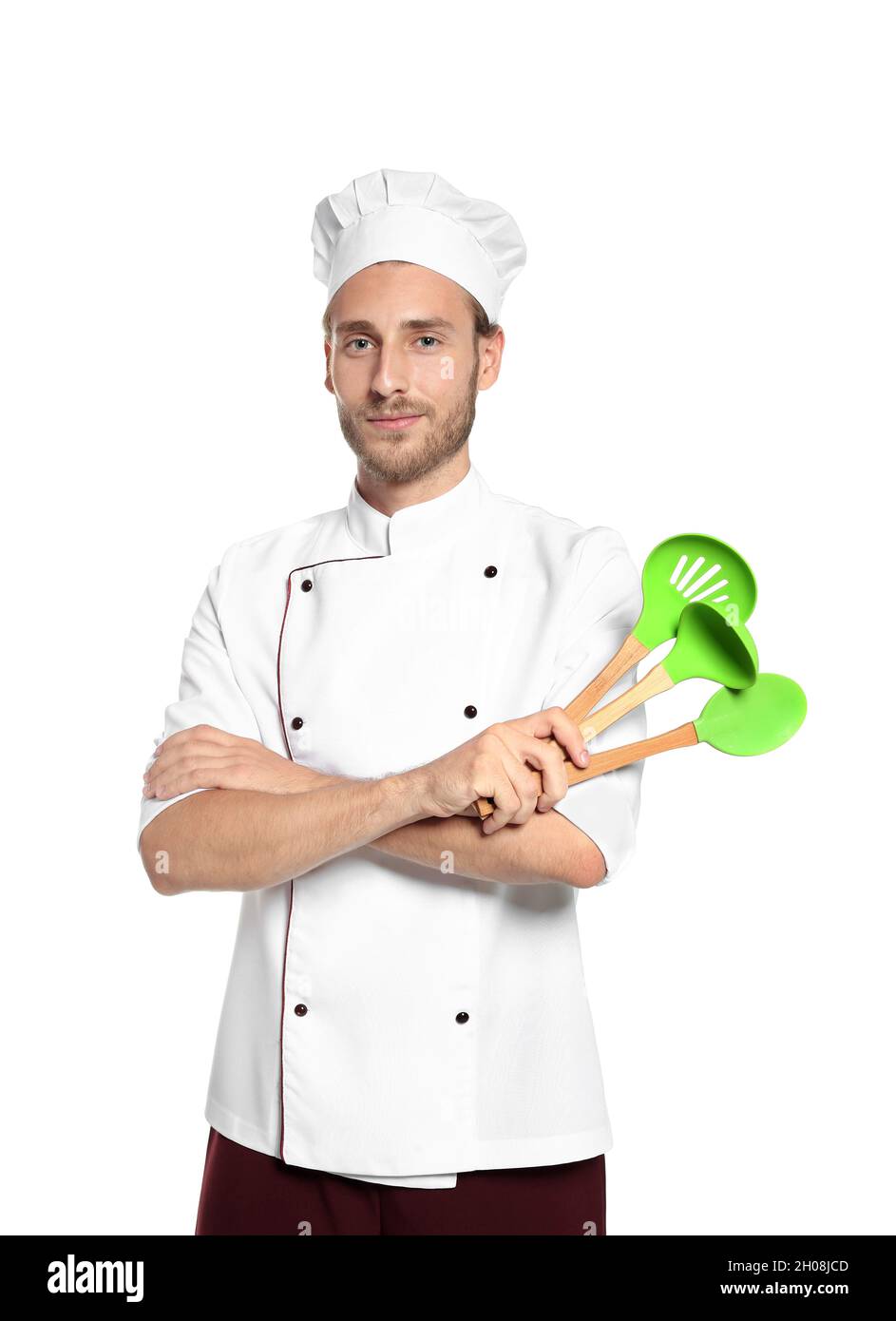 Professional chef with kitchen tools on white background Stock Photo ...