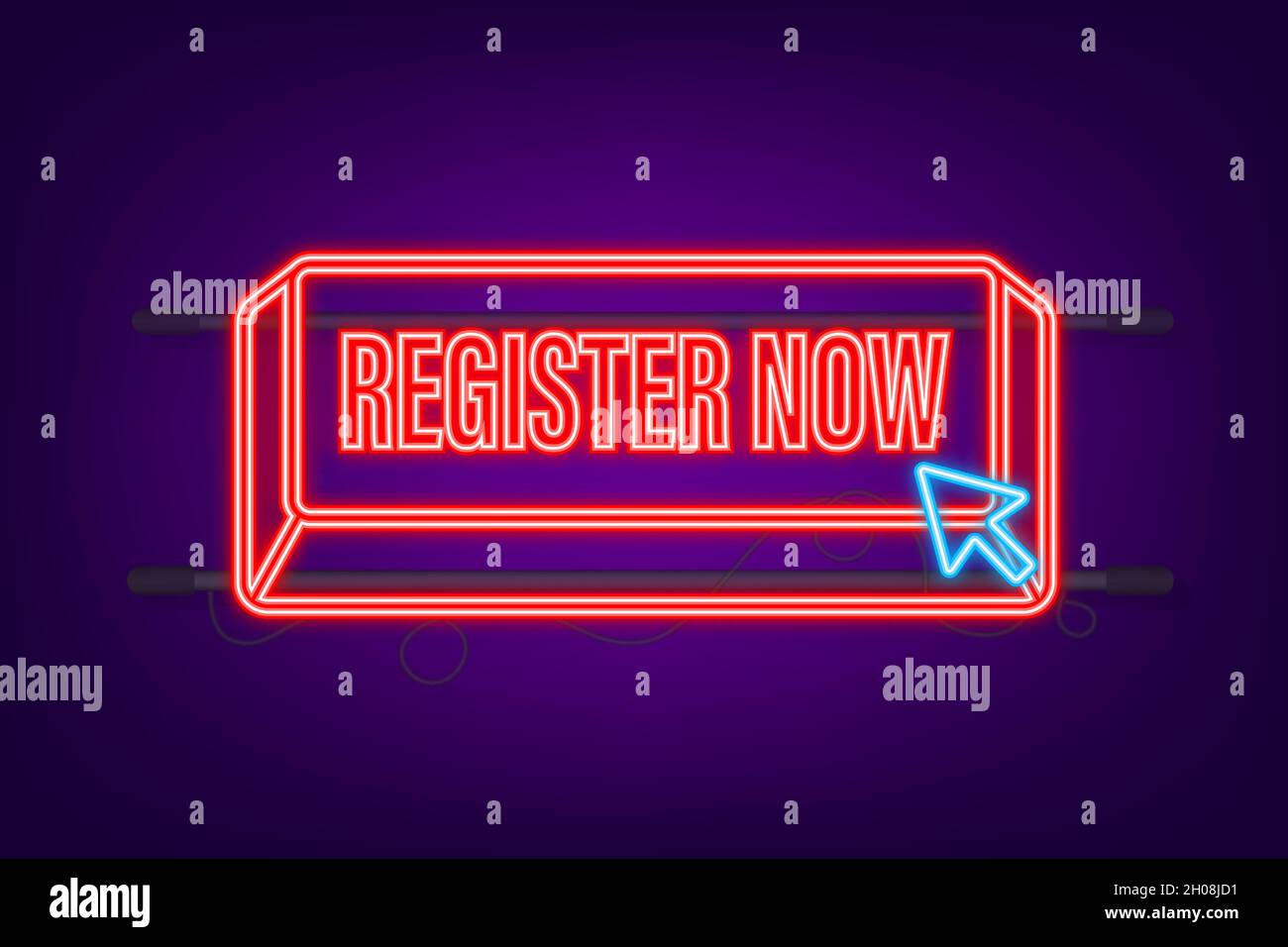 Register now with cursor button. Internet neon icon. Pointer click icon. Vector stock ...
