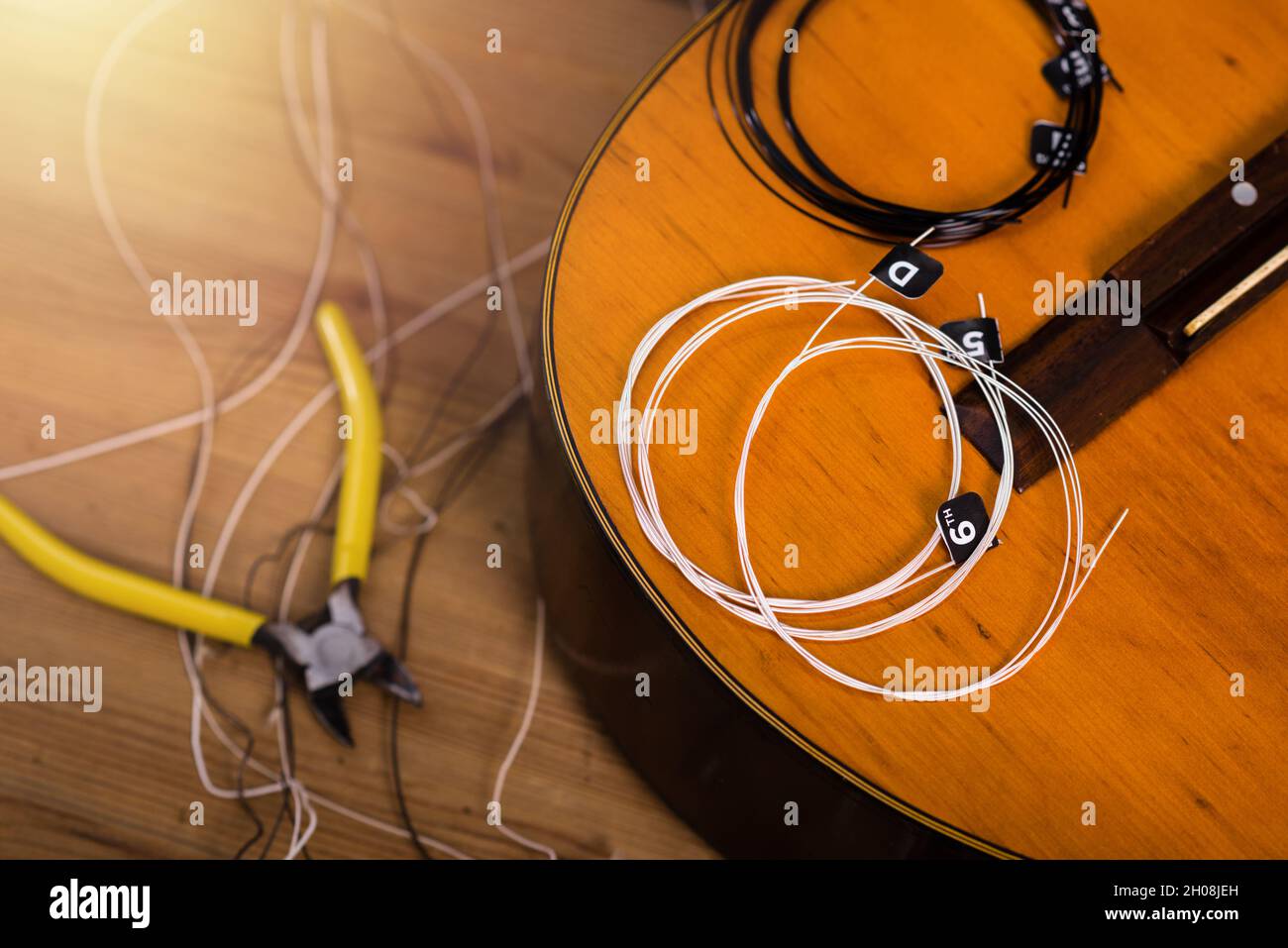 Restring classical guitar concept. Closeup at the new strings Stock ...