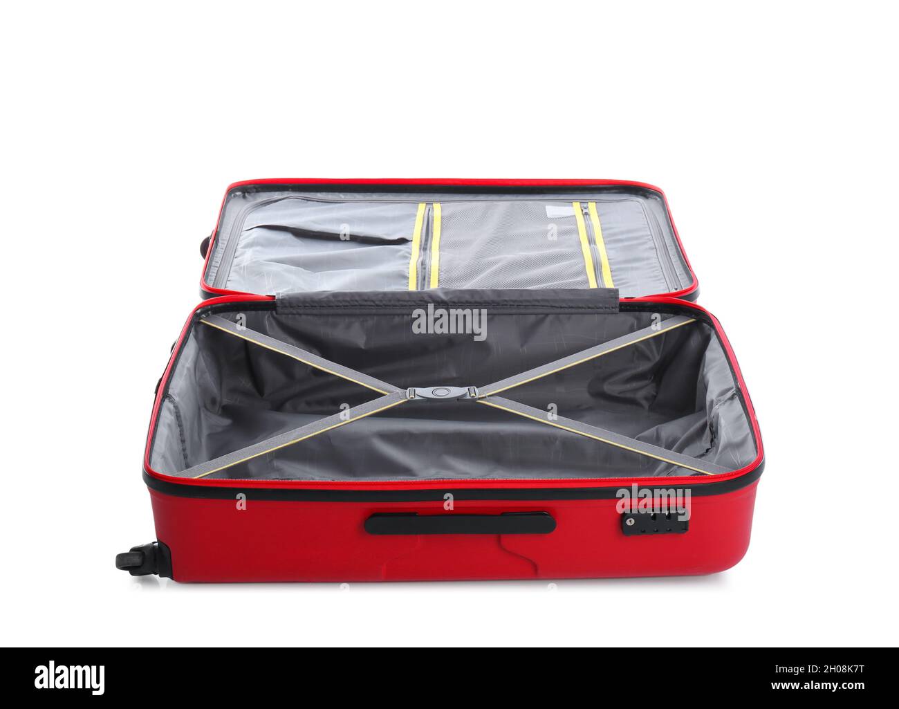 Open suitcase for travelling on white background Stock Photo - Alamy