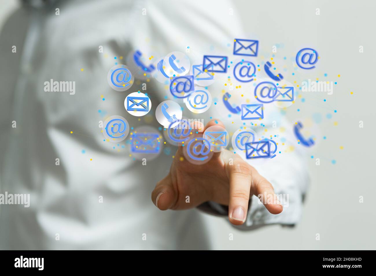 Hand showing email icon on screen - concept of business communication ...