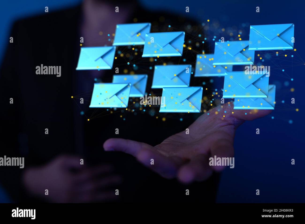 Hand showing email icon on screen - concept of business communication ...