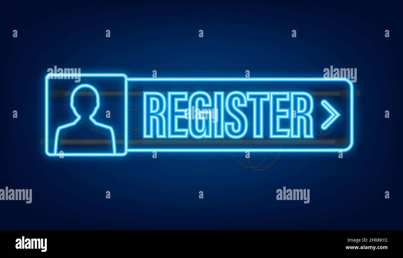 Blue banner register now. Neon icon. Vector stock illustration Stock ...