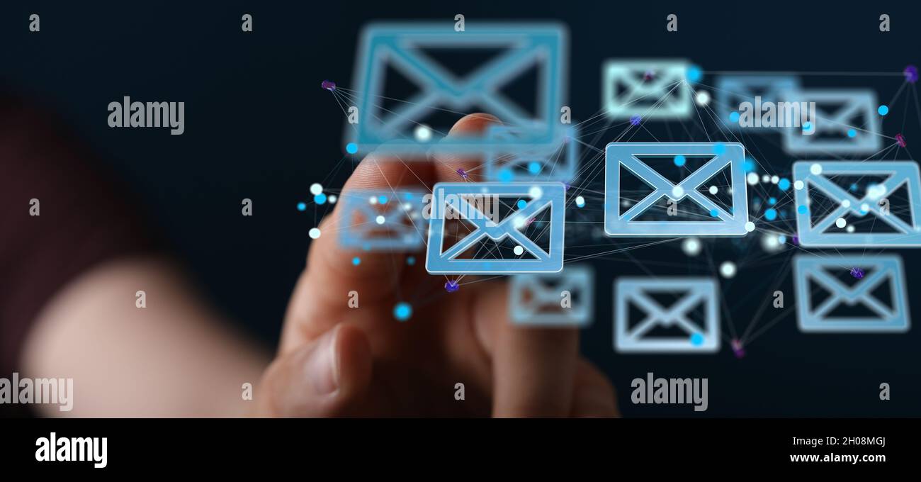 Hand showing email icon on screen - concept of business communication ...
