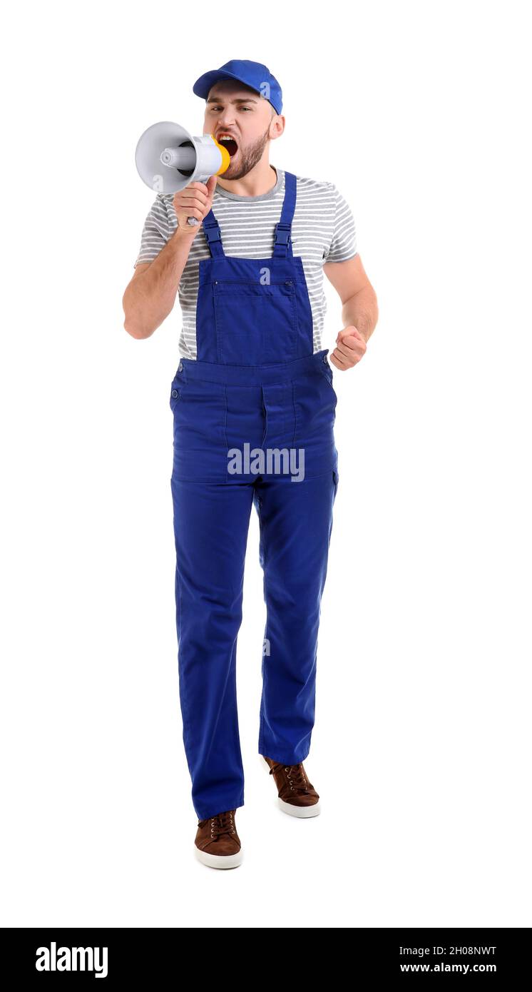Male worker shouting into megaphone on white background Stock Photo - Alamy