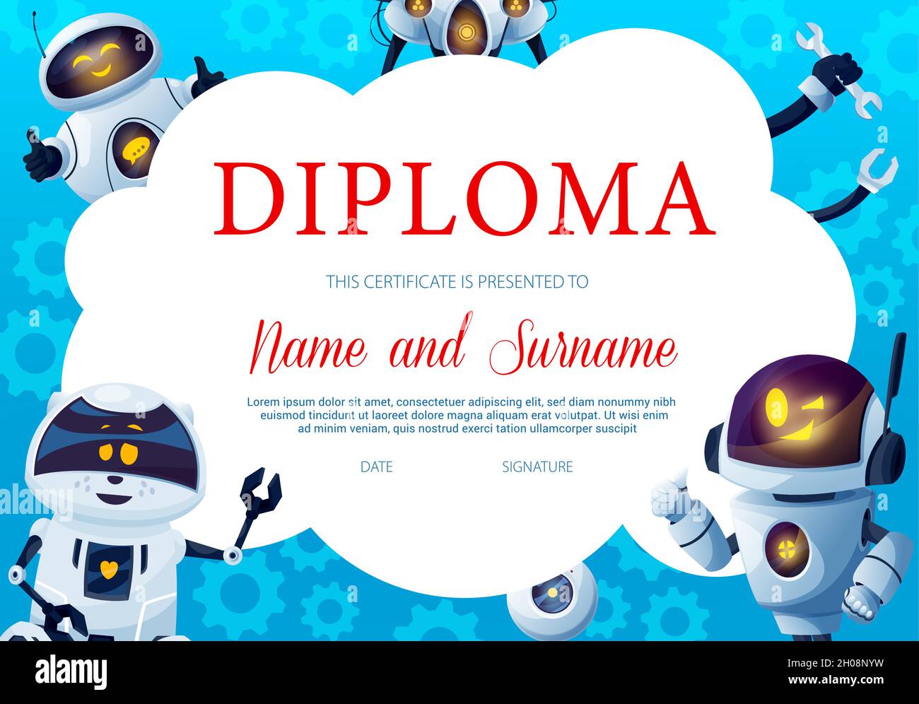 Education diploma with funny robots and gears background frame. Vector ...